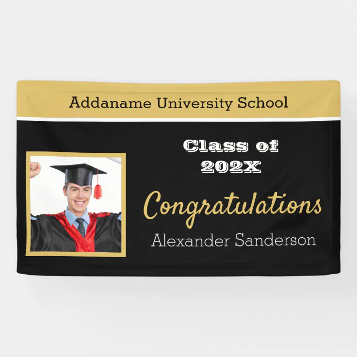 Modern Black Gold Photo Graduation congratulation Banner | Zazzle