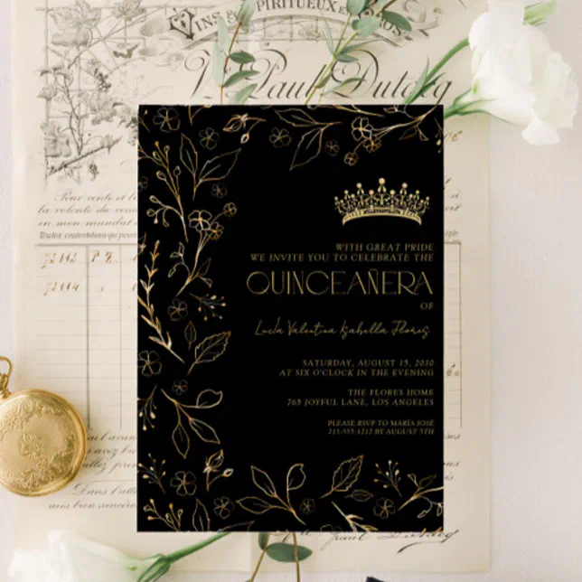 Modern Black Gold Rose Floral Tiara Quinceañera Invitation | Zazzle