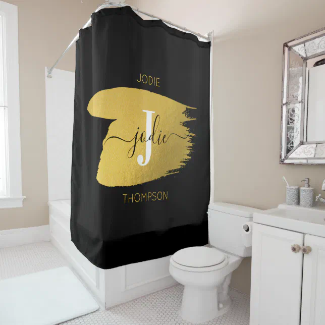 Modern Black And Gold Script Monogram Initial Shower Curtain Zazzle