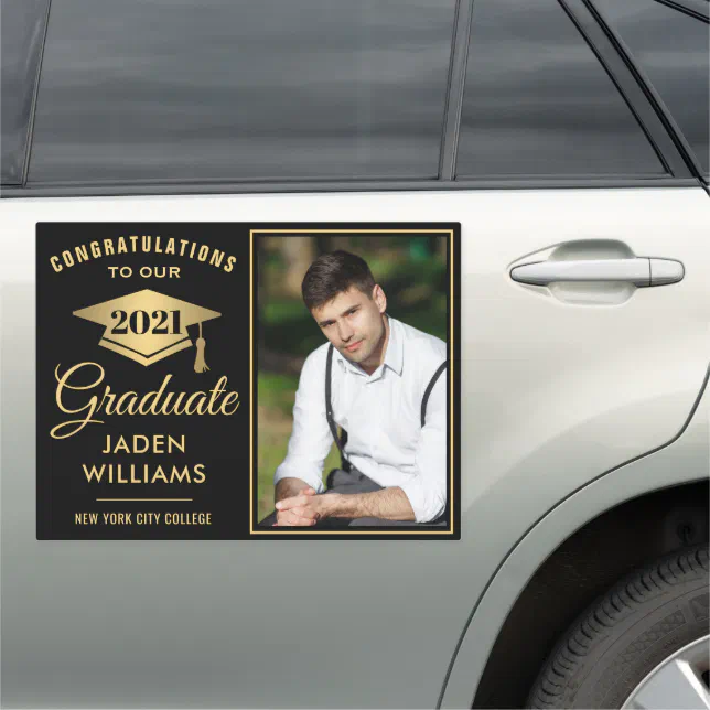 Modern Black Golden PHOTO Graduation Large Car Magnet | Zazzle