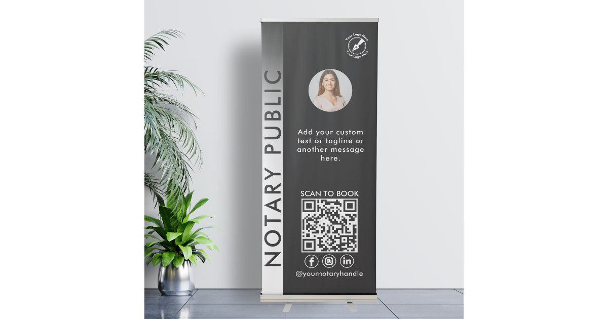 Modern Black Gradient Notary Public Photo Logo QR Retractable Banner ...