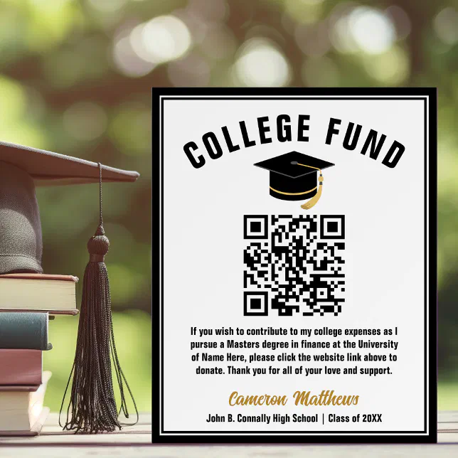 Modern Black Graduate College Fund QR Code Foam Board | Zazzle