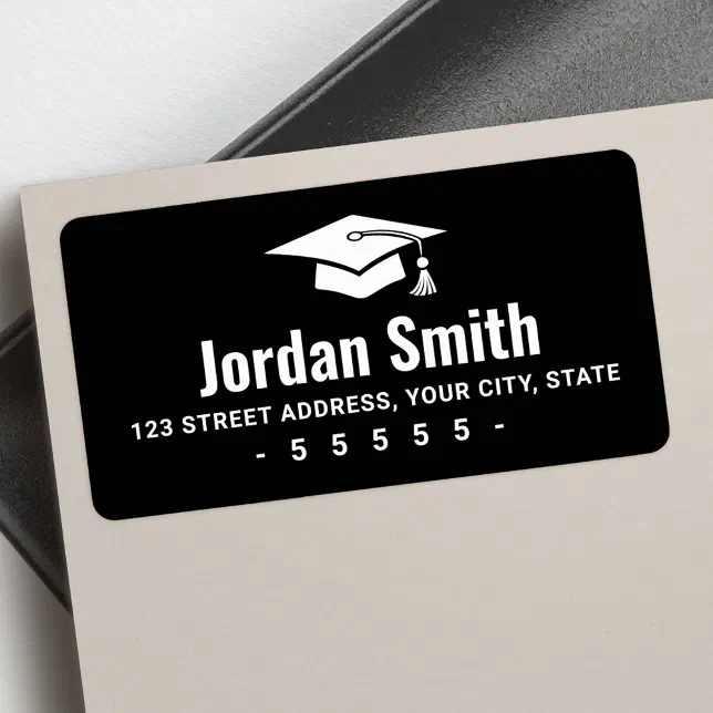 Modern black graduation hat return address label | Zazzle