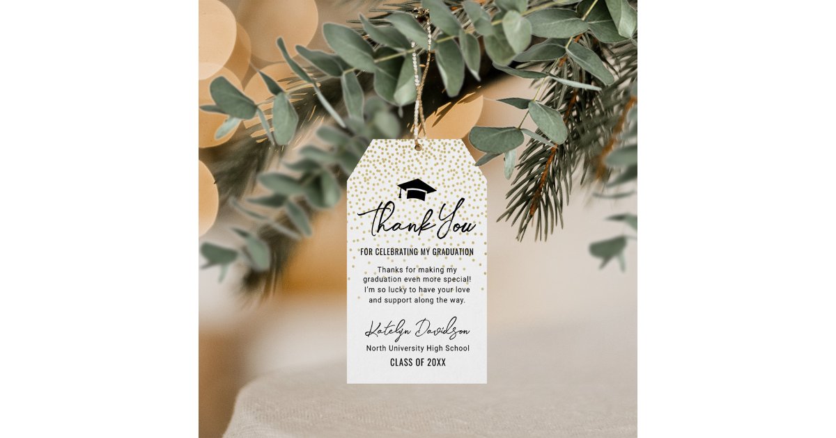 Modern Black Graduation Thank You Gold Confetti Gift Tags | Zazzle
