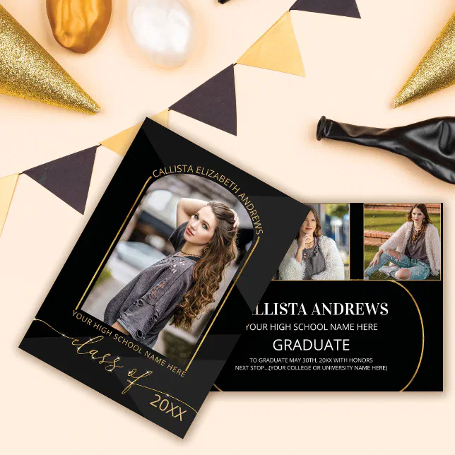 Modern Black Gray Geometric Photo Graduation Announcement | Zazzle
