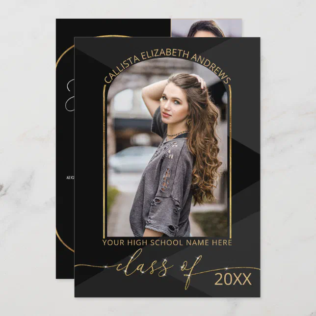 Modern Black Gray Geometric Photo Graduation Invit Invitation | Zazzle