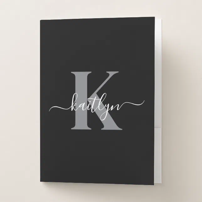 Modern Black Gray Script Monogram Pocket Folder | Zazzle