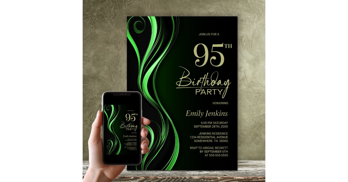 Modern Black Green 95th Birthday Party Invitation | Zazzle