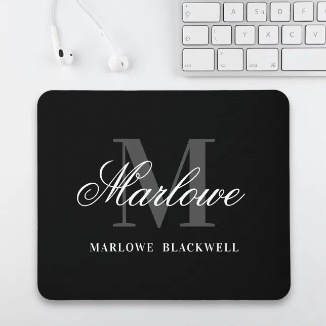 Modern Black Grey Monogram Script Mouse Pad | Zazzle
