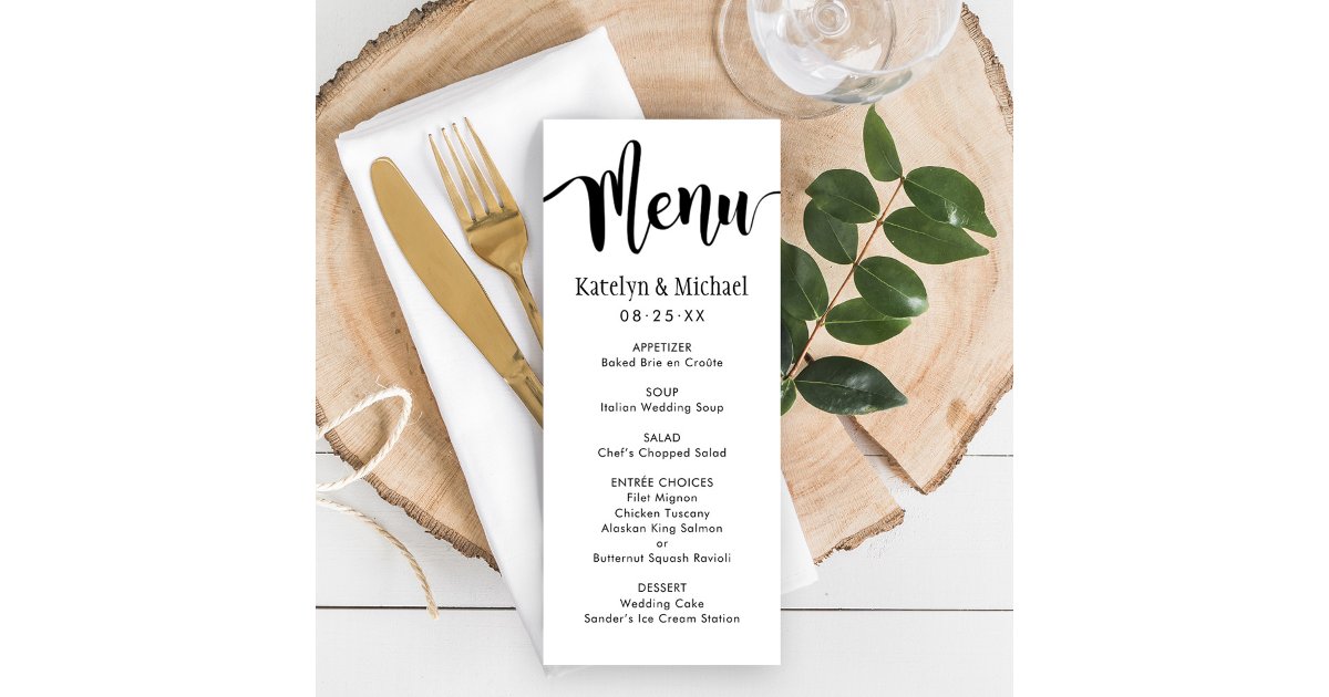 Modern Black Handwritten Script Wedding Menu | Zazzle