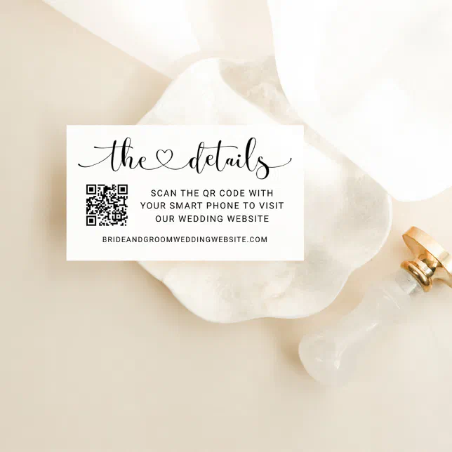 Modern Black Heart Script Wedding QR Code Details Enclosure Card | Zazzle