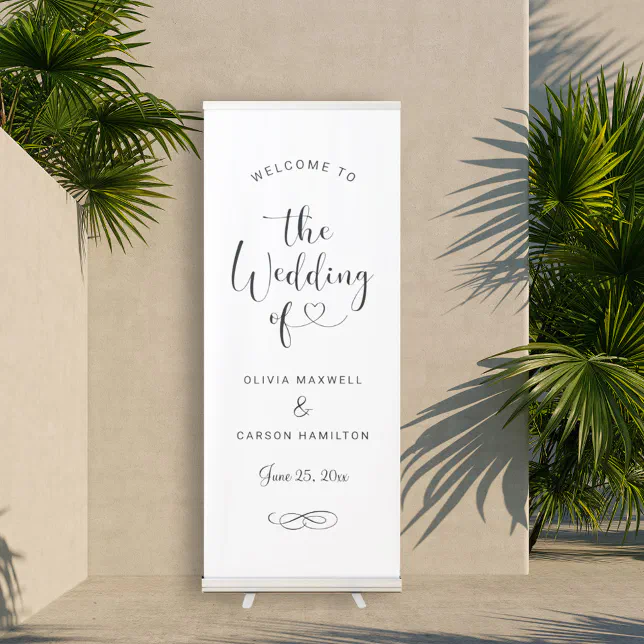 Modern Black Heart Script Wedding Welcome Retractable Banner | Zazzle