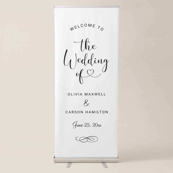 Modern Black Heart Script Wedding Welcome Retractable Banner | Zazzle