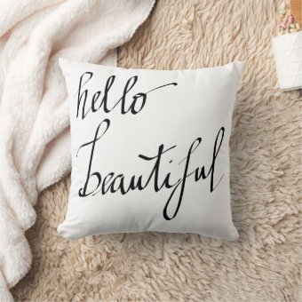 Modern Black Hello Beautiful Script Typography Throw Pillow | Zazzle
