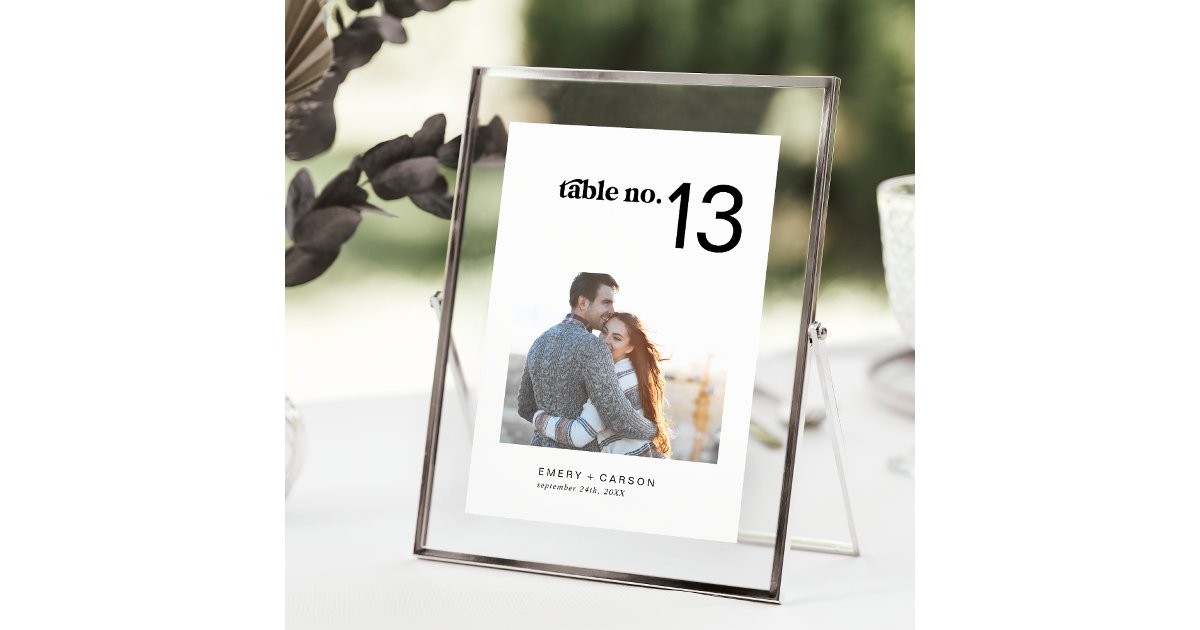 Modern Black Horizontal Photo Wedding Table Number | Zazzle