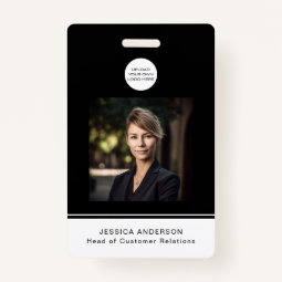 Modern Black ID Card Minimal Logo Photo QR Code Badge | Zazzle