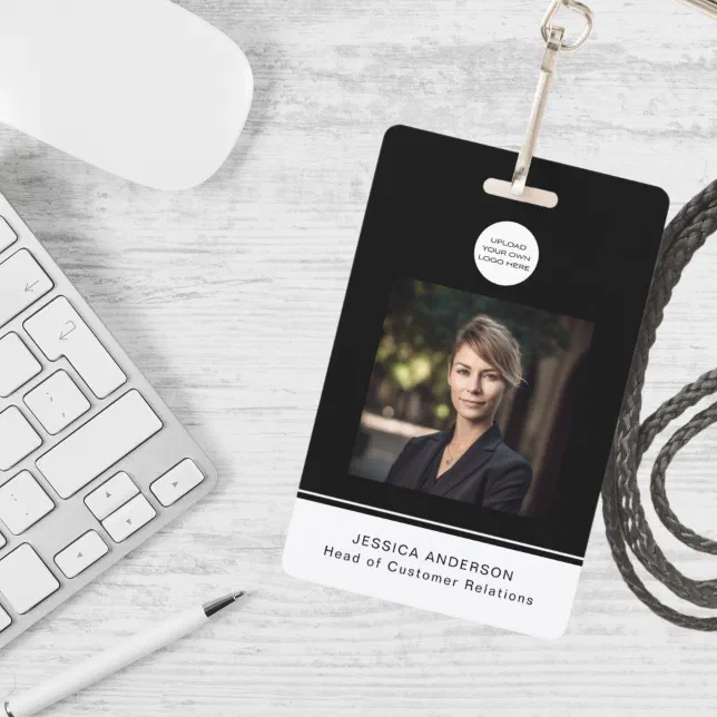 Modern Black ID Card Minimal Logo Photo QR Code Badge | Zazzle