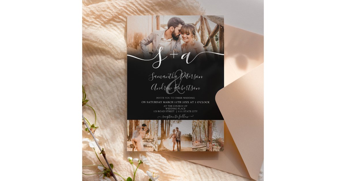 Modern black initials script 5 photos wedding invitation | Zazzle