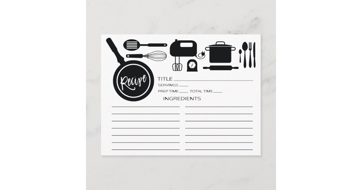 Modern Black Kitchen Utensils Recipe Card | Zazzle