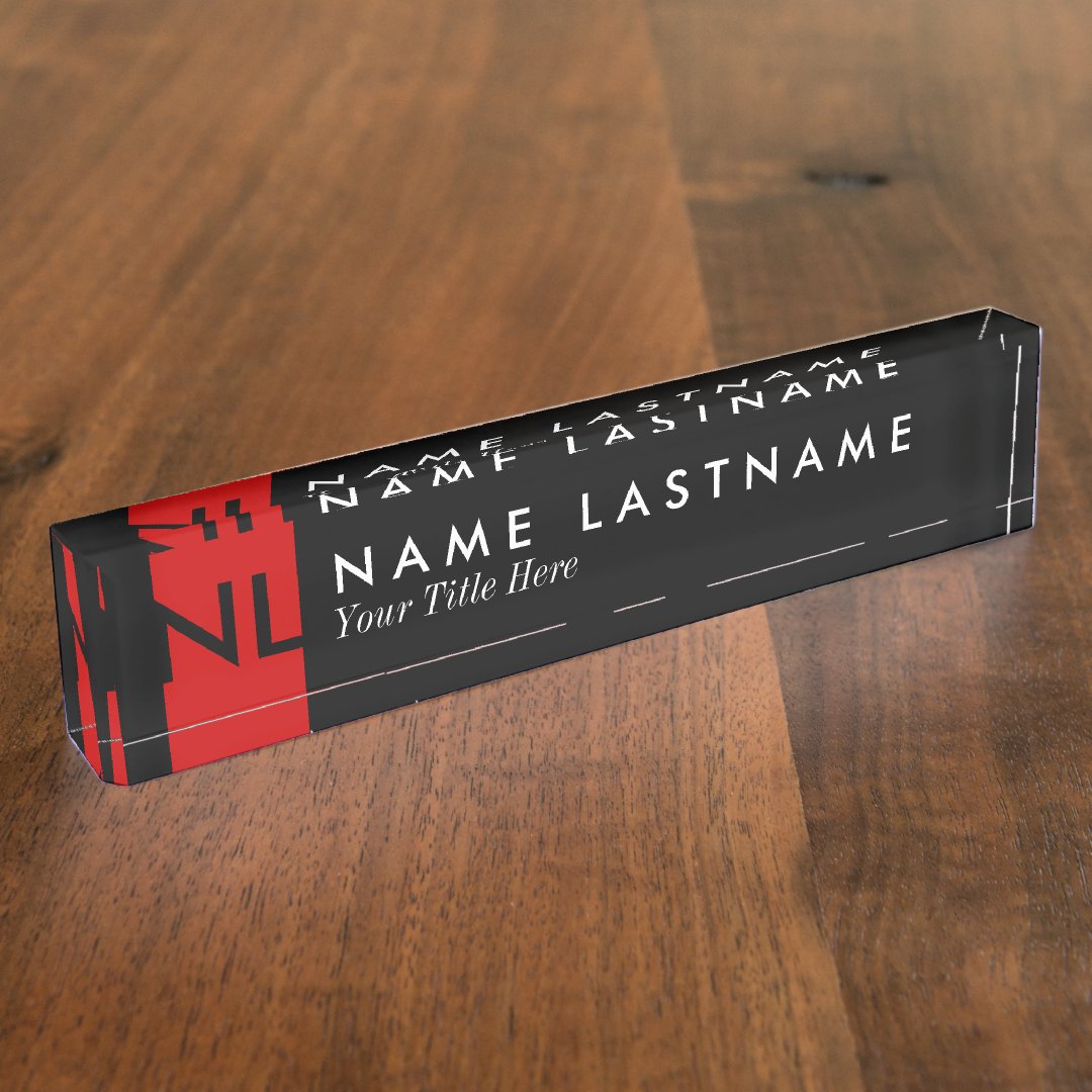 Modern Black Monogram Red Desk Nameplate | Zazzle