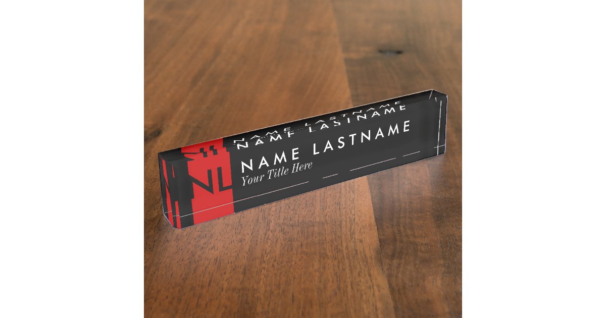 Modern Black Monogram Red Desk Nameplate | Zazzle
