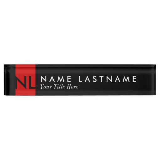 Modern Black Monogram Red Desk Nameplate | Zazzle