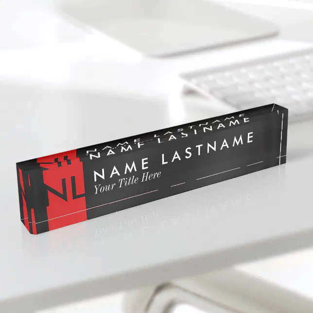 Modern Black Monogram Red Desk Nameplate | Zazzle