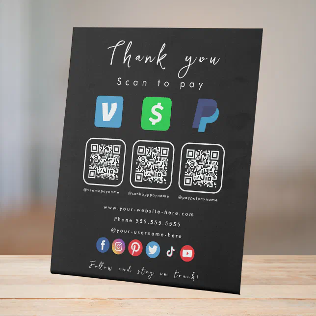 Modern Black Multi QR Code Paypal Venmo Cash App Pedestal Sign | Zazzle
