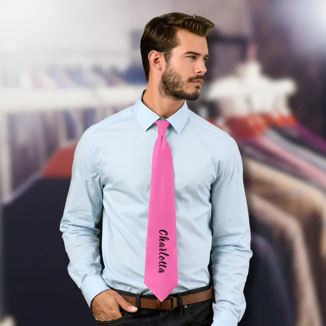 Modern Black Name | Neon Hot Pink Color Neck Tie | Zazzle