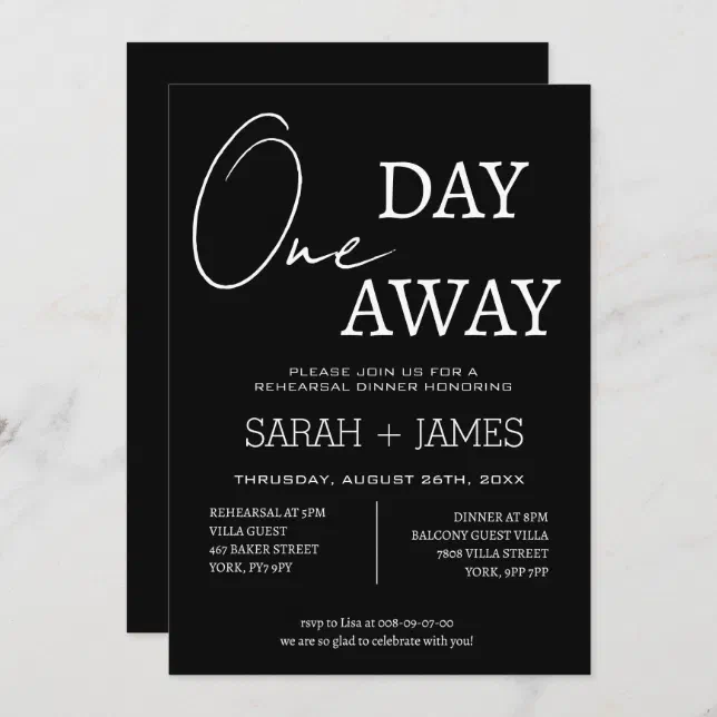 Modern Black One Day Away Rehearsal Dinner Invitation | Zazzle