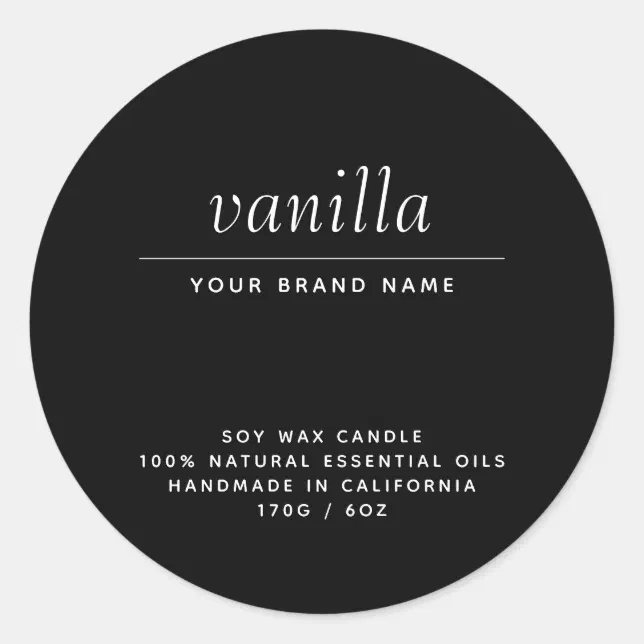 Modern black packaging candle product classic round sticker | Zazzle