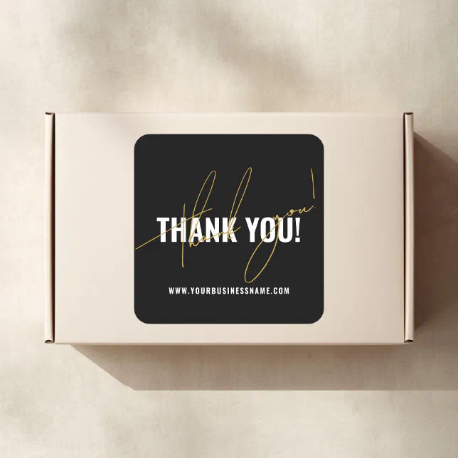 Modern black packaging thank you square sticker | Zazzle