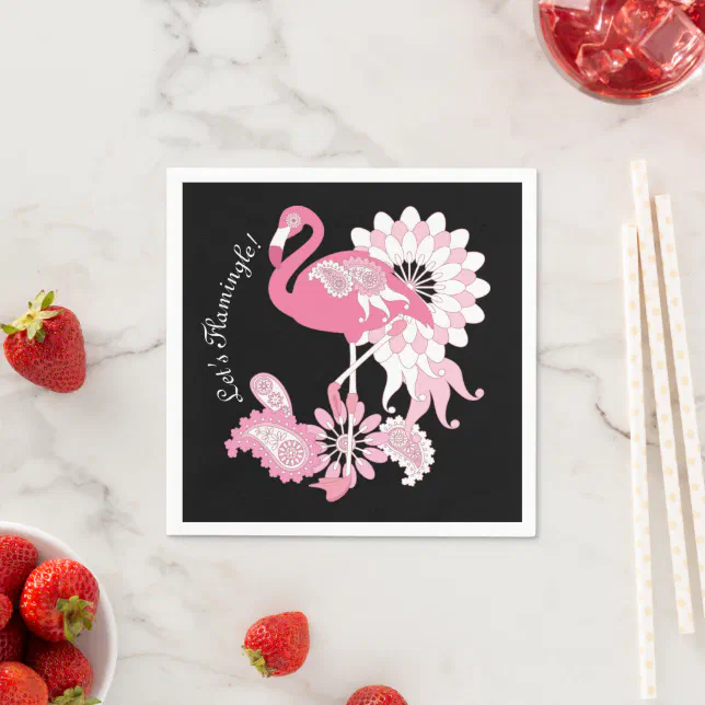 Modern Black Paisley Pink Flamingo Paper Napkins | Zazzle