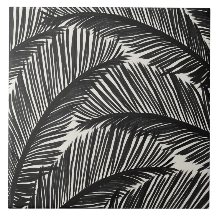 Modern Black Palm Leaf Tropical Pattern Ceramic Tile | Zazzle