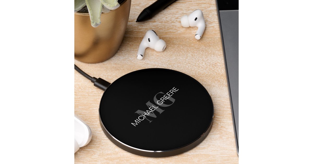 Modern Black Personalized Wireless Charger | Zazzle