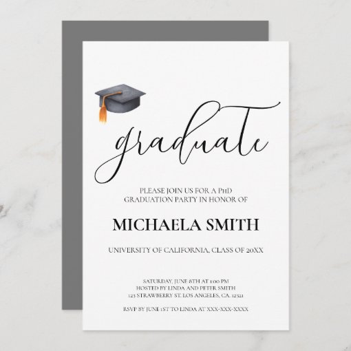 Modern Black PhD University Graduation Party Invitation | Zazzle