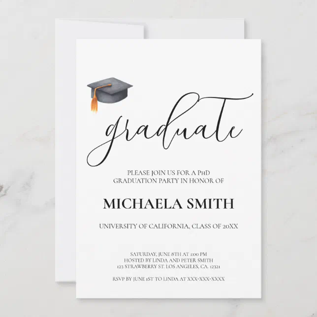 Modern Black PhD University Graduation Party Invitation | Zazzle