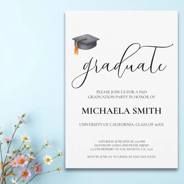 Modern Black PhD University Graduation Party Invitation | Zazzle
