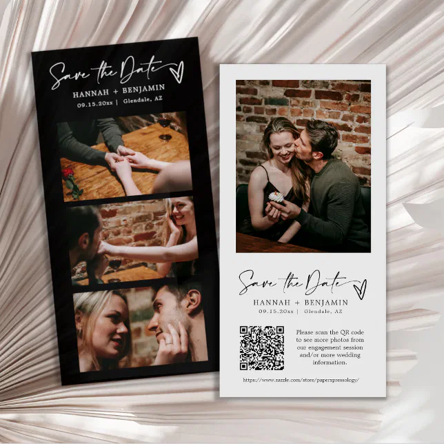 Modern Black Photo Booth Strip QR Code Save The Date | Zazzle