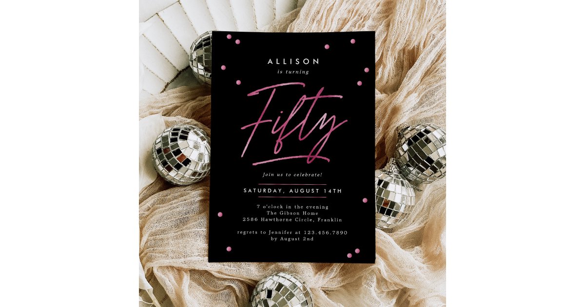 Modern Black Pink Calligraphy 50th Birthday Invitation | Zazzle