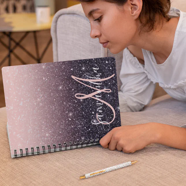 Modern Black & Pink Glitter Sparkles Name Notebook | Zazzle