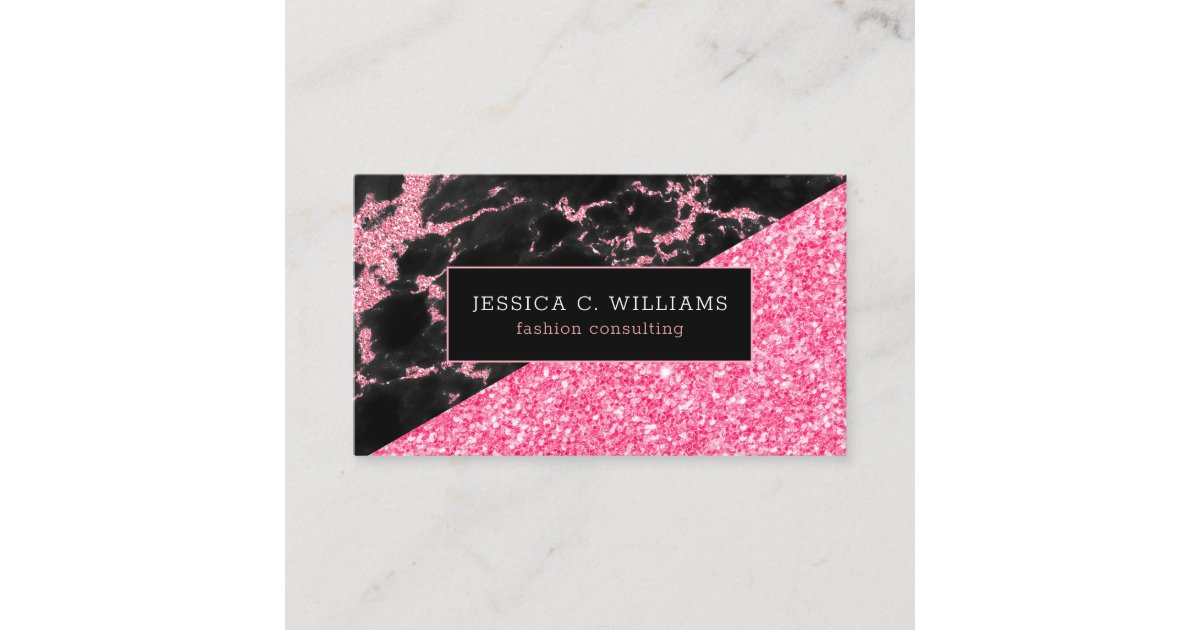 Modern Black & Pink Marble & Pink Glitter Business Card | Zazzle