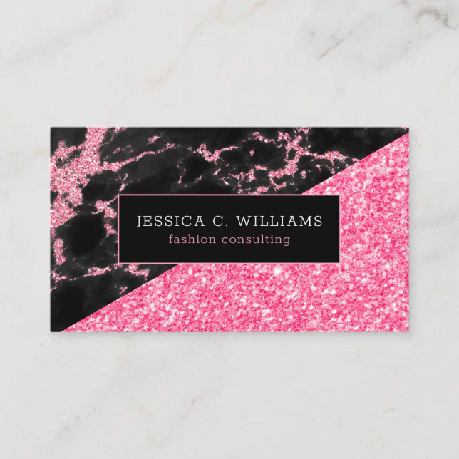 Modern Black & Pink Marble & Pink Glitter Business Card | Zazzle
