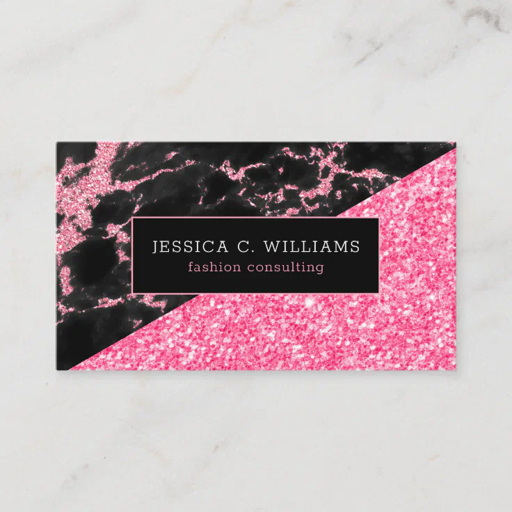 Modern Black & Pink Marble & Pink Glitter Business Card | Zazzle