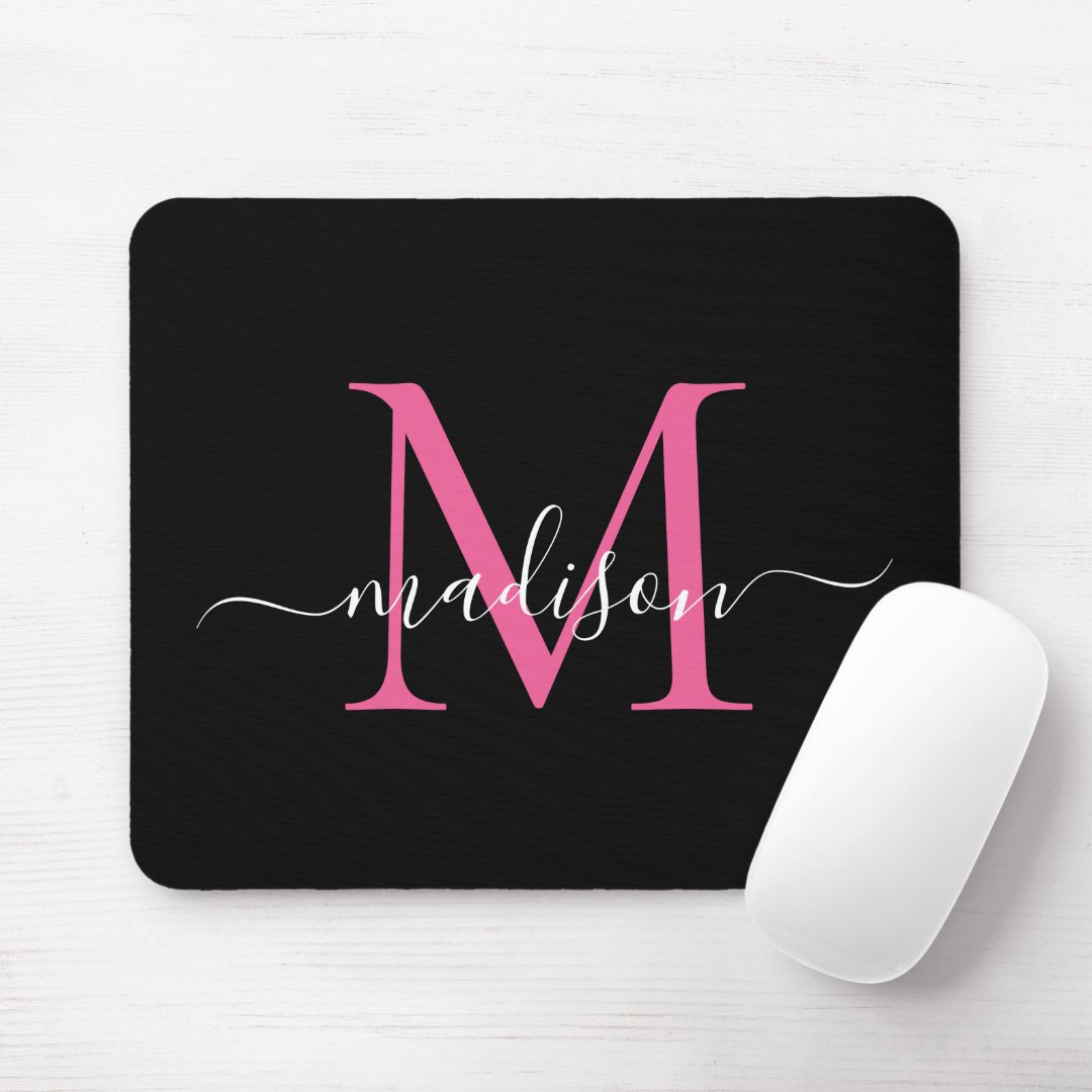 Modern Black Pink Monogram Elegant Girly Script Mouse Pad | Zazzle