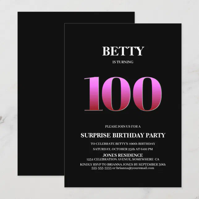 Modern Black Pink Surprise 100th Birthday Invitation | Zazzle
