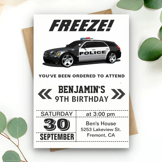 Modern Black Police Car Birthday Party Invitation | Zazzle