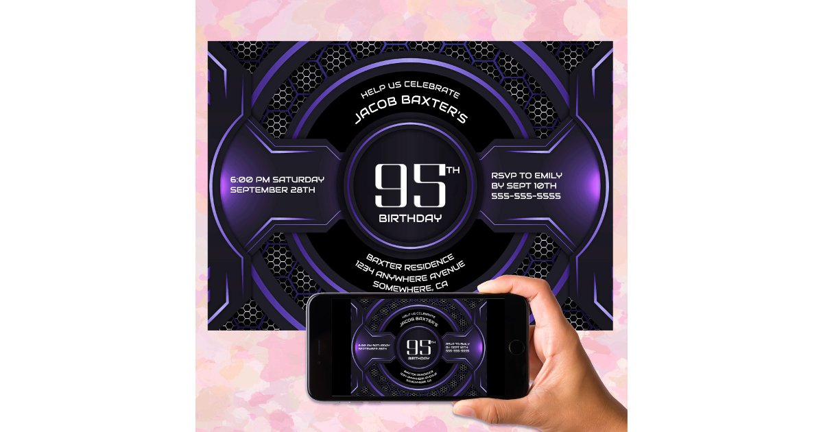 Modern Black Purple 95th Birthday Party Invitation | Zazzle