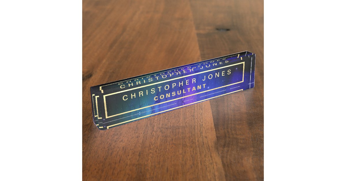 Modern Black Purple Outer Space Nebula Desk Name Plate | Zazzle