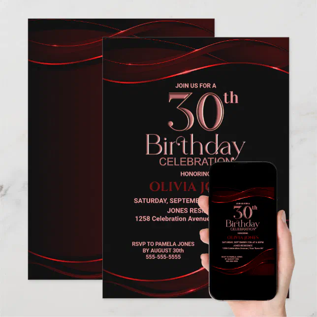 Modern Black Red 30th Birthday Party Invitation | Zazzle